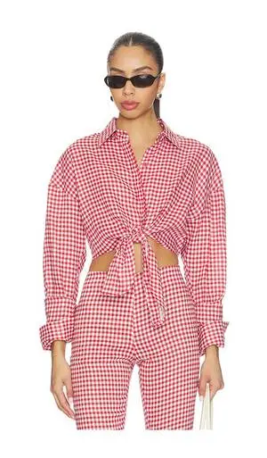 AEXAE Linen Shirt Tie Top With Gathered Hem - Red