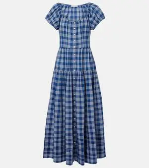 DÔEN Valenne Checked Cotton Midi Dress - Blue