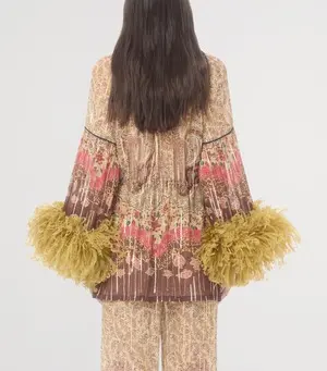 Valentino Garavani Metallic Silk Paisley Print Feather Trimmed Blouse