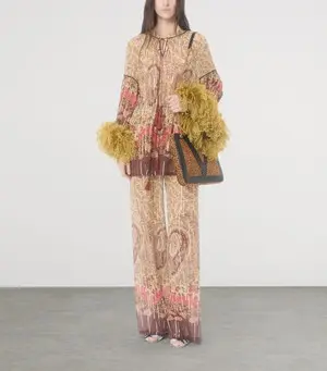 Valentino Garavani Metallic Silk Paisley Print Feather Trimmed Blouse