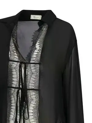 Blumarine Georgette Lace Blouse With V-neck And Ruffled Hem - Black