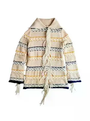 TOD'S Striped Fringed Shawl Collar Cardigan - Neutrals