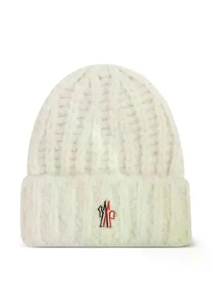 Moncler Ribbed Logo Patch Beanie Hat - Neutrals