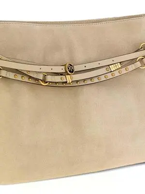 Pinko Studded Leather Shoulder Bag With Love Birds Buckle - Neutrals