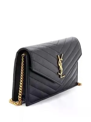 Saint Laurent Classic Monogram Wallet On Chain Matelasse Chevron Leather Small Crossbody Bag - Black
