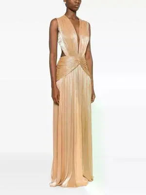Costarellos Lurex Georgette Cut-out Pleated Maxi Dress