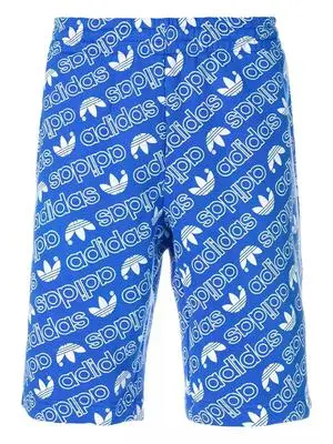Adidas Cobalt Cotton Jersey All-over Logo Print Shorts - Blue