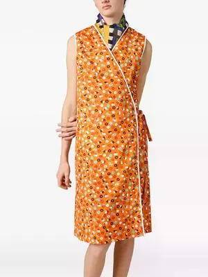 Miu Miu Sleeveless Floral Print Wrap Midi Dress - Orange