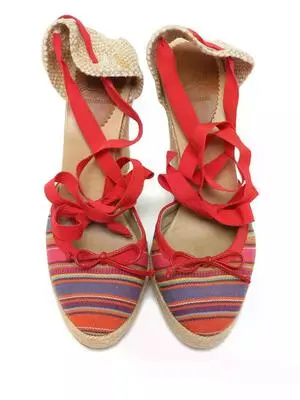 CHRISTIAN LOUBOUTIN Striped Canvas Platform Wedge Espadrille Sandals - Neutrals