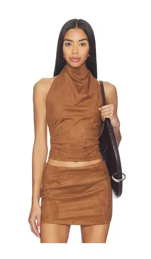 ALL THE WAYS Halterneck Draped Faux Suede Top - Brown