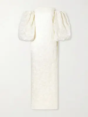 DIMA AYAD Off-the-shoulder Embellished Embroidered Woven Gown - Neutrals