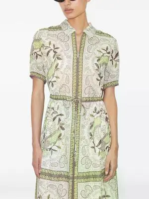 Tory Burch Cinched Cockatoo Print Silk Cotton Midi Dress - Neutrals