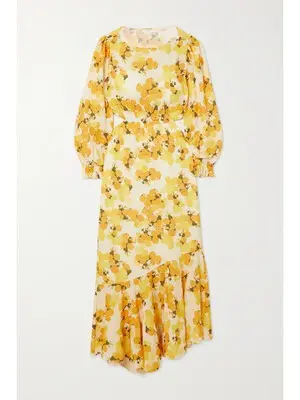 Peony Net Sustain Cutout Printed Organic Cotton Blend Dress - Yellow