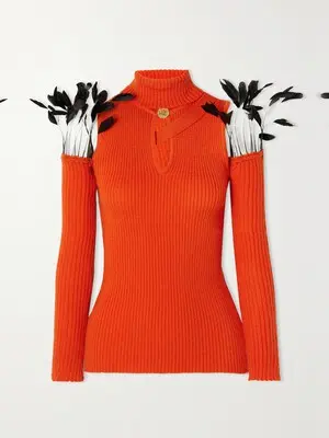 THEBE MAGUGU Convertible Feather-trimmed Cutout Ribbed Wool Turtleneck Sweater - Orange