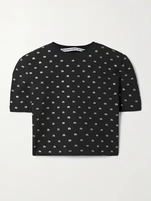 Alexander Wang Cropped Crystal-embellished Stretch-jersey T-shirt