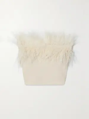 Staud Nellie Strapless Feather-trimmed Knitted Cropped Top - Ivory