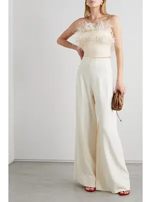 Staud Nellie Strapless Feather-trimmed Knitted Cropped Top