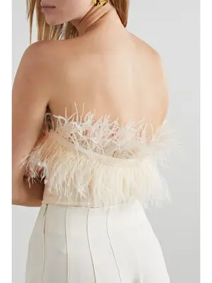 Staud Nellie Strapless Feather-trimmed Knitted Cropped Top