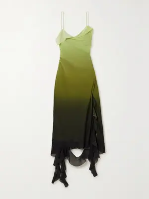 Acne Studios Asymmetric Ruffled Ombré Chiffon Midi Dress - Green