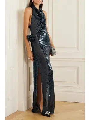 Magda Butrym Appliquéd Sequined Tulle Halterneck Maxi Dress