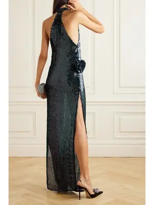 Magda Butrym Appliquéd Sequined Tulle Halterneck Maxi Dress