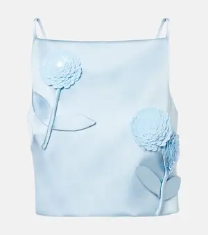 SELF-PORTRAIT Floral Appliqué Sequined Cropped Satin Top - Blue