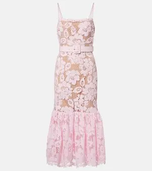 SELF-PORTRAIT Belted Crochet Midi Dress - Pink