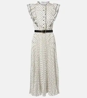 SELF-PORTRAIT Belted Polka Dot Pleated Midi Dress - White