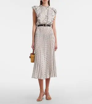 SELF-PORTRAIT Belted Polka Dot Pleated Midi Dress - White
