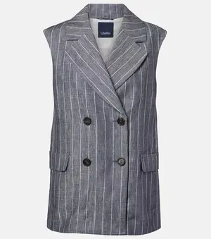 Max Mara Ballo Pinstripe Double-breasted Linen Vest - Blue