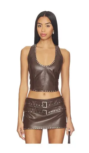 LAMARQUE X Revolve Liddy Faux Leather Studded Halter Top - Chocolate