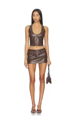 LAMARQUE X Revolve Liddy Faux Leather Studded Halter Top - Chocolate