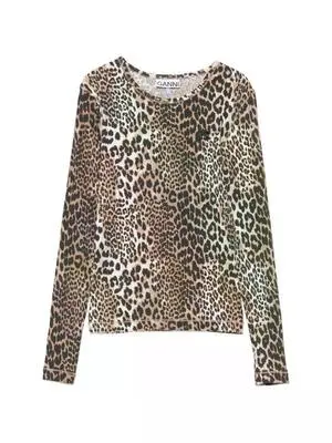 GANNI Ribbed Leopard Print Long Sleeve T-shirt - Neutrals