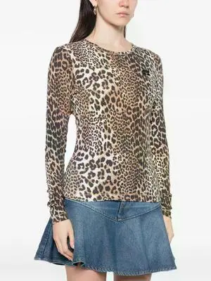 GANNI Ribbed Leopard Print Long Sleeve T-shirt - Neutrals