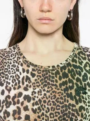 GANNI Ribbed Leopard Print Long Sleeve T-shirt - Neutrals