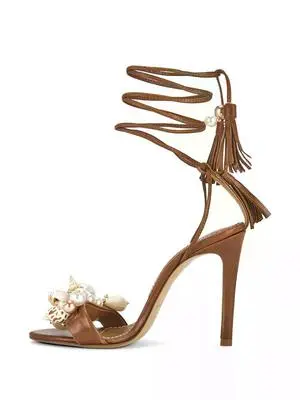 ALAMEDA TURQUESA Nassau Leather Tie-up Sandals With Pearl And Shell Embellishments