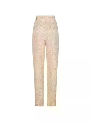 Alessandra Rich Cream Floral Print Pleated Silk Trousers