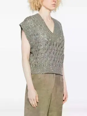 Brunello Cucinelli Sequin Embellished V-neck Knitted Vest