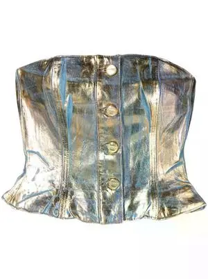 GANNI Foil Organic Cotton Strapless Top - Blue