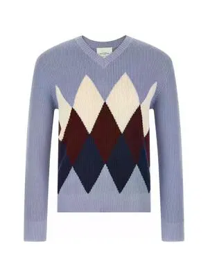 BALLANTYNE V-neck Argyle Jacquard Sweater - Blue