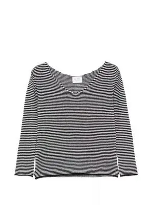 BEYOU Striped V-neck Long Sleeve Sweater - Black