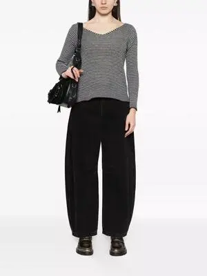 BEYOU Striped V-neck Long Sleeve Sweater - Black