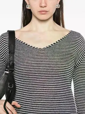 BEYOU Striped V-neck Long Sleeve Sweater - Black