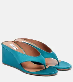 Alaïa Cube Satin Wedge Thong Sandals - Blue