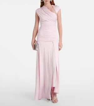 SELF-PORTRAIT Ruched Asymmetric Jersey Maxi Dress