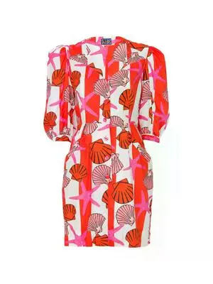 Lhd Starfish And Seashell Print Dress With Puff Sleeves - Red