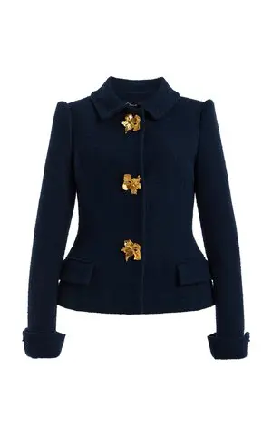 Oscar De La Renta Flower-button Tweed Jacket - Navy