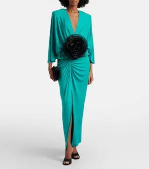 JACQUES WEI Turquoise Floral Applique Maxi Dress