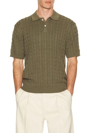 BEAMS Knit Polo Cable - Olive