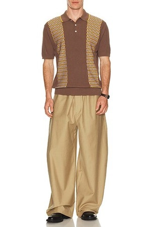 BEAMS Knit Polo Front Stripe Jacquard - Brown
